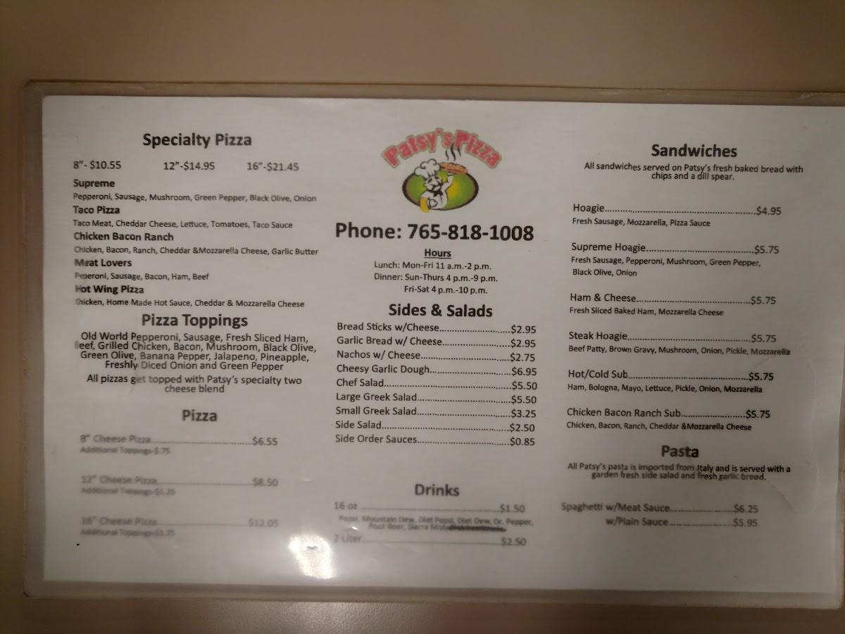 Menu at Patsy's Pizza pizzeria, Morristown