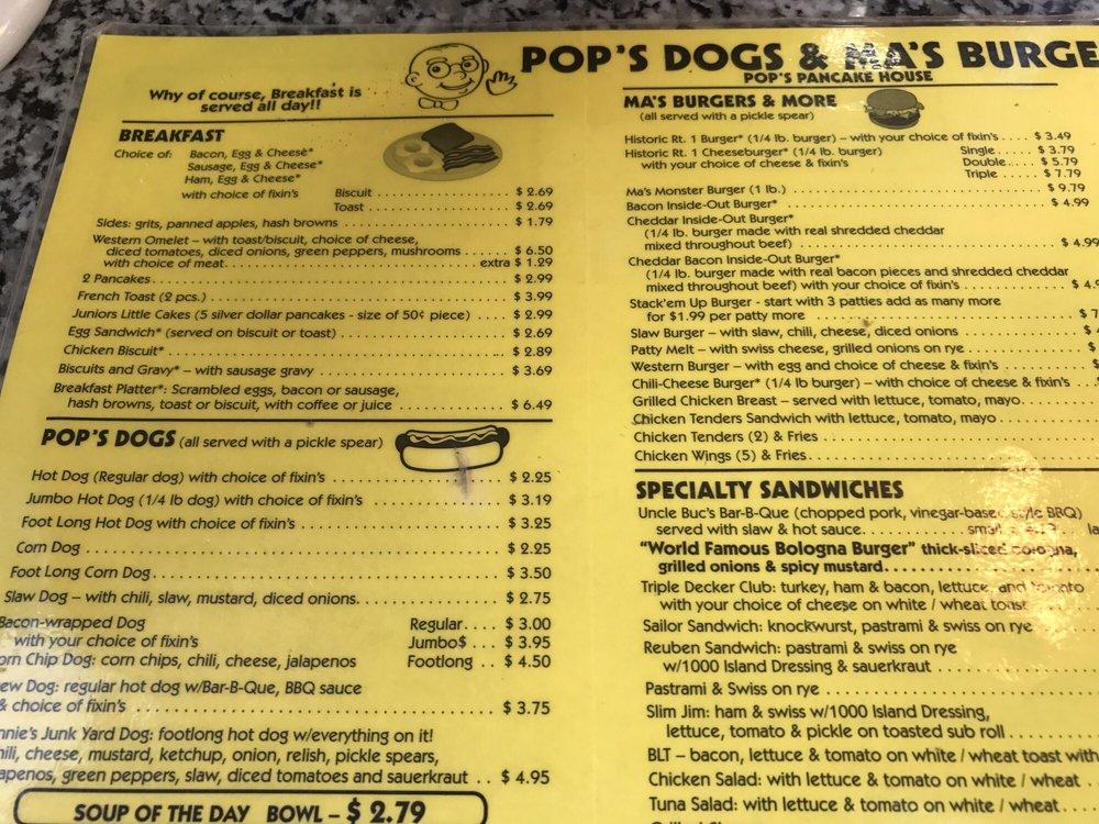 Menu at Pop's Dogs & Ma's Burgers restaurant, Richmond