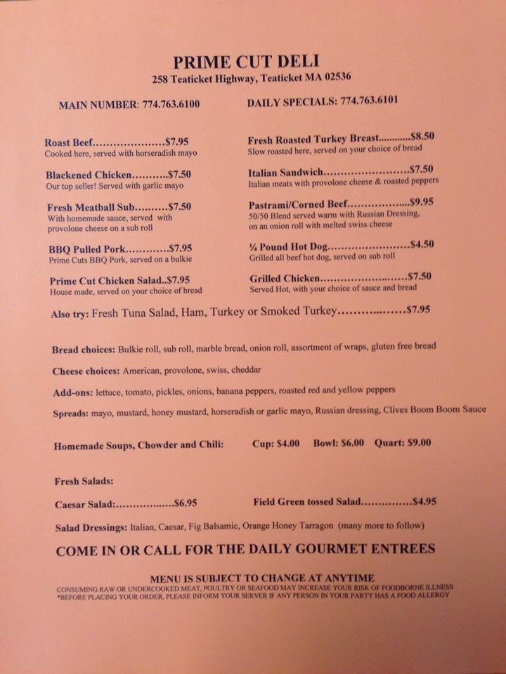 Menu at Prime Cut Beef & Deli restaurant, Falmouth