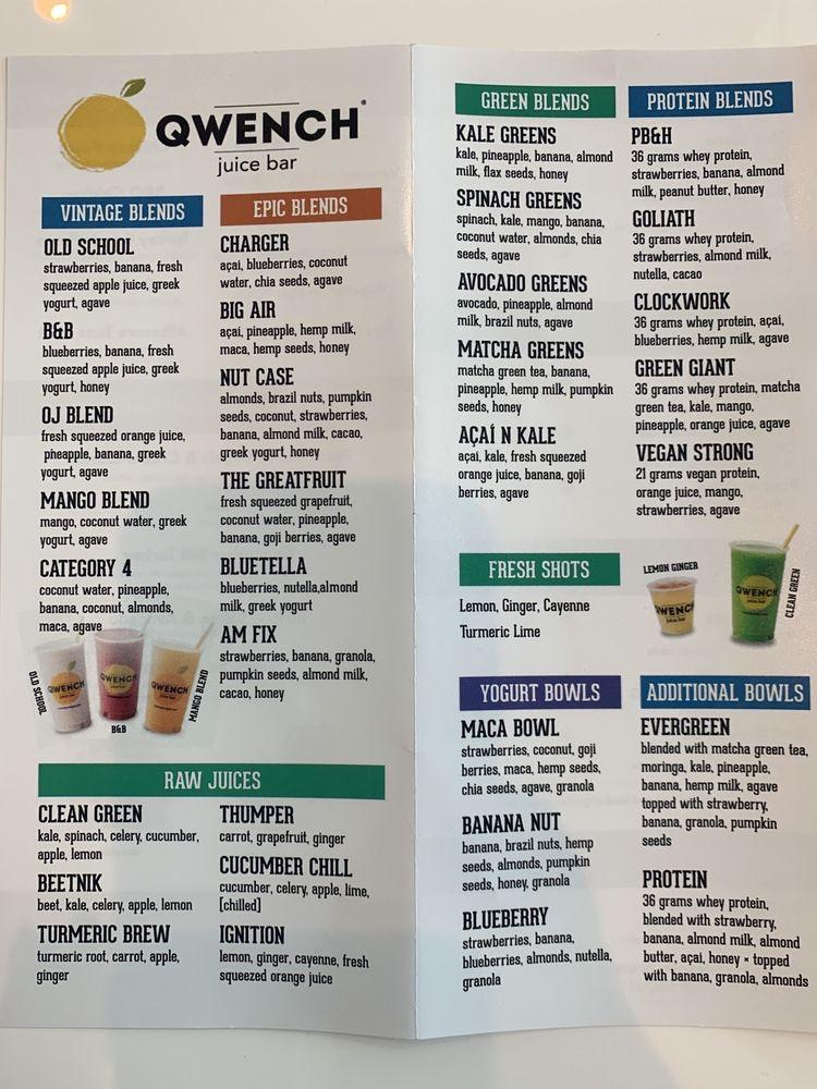 Menu at Qwench Juice Bar, Tempe