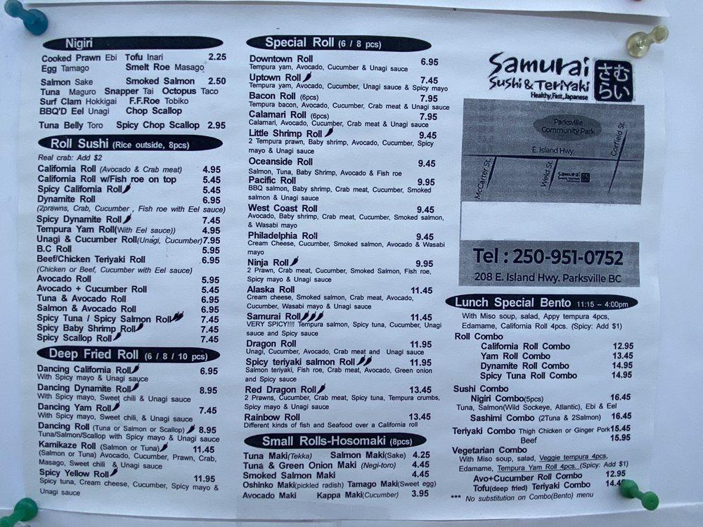 Menu at Samurai Sushi & Teriyaki restaurant, Parksville