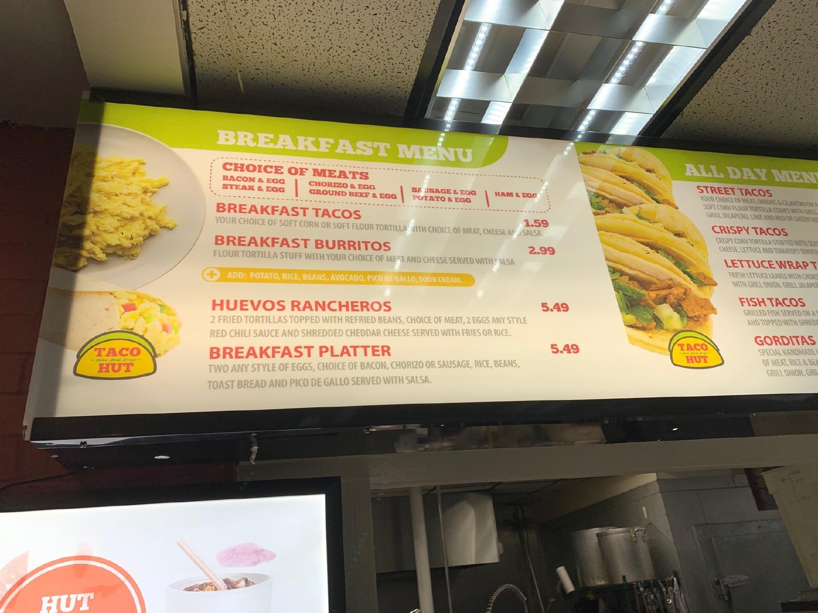 Menu at Taco Hut restaurant, Lewisville