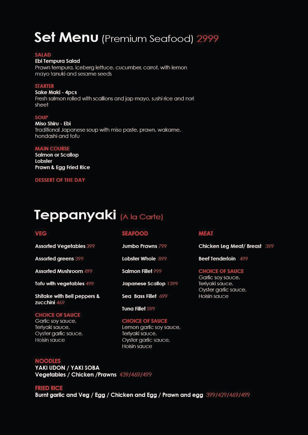 Menu at Teppan, Chennai