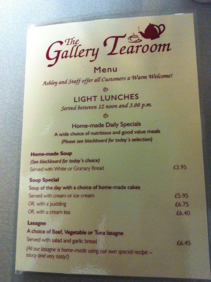 Menu at The Gallery Tearooms cafe, Shrewsbury