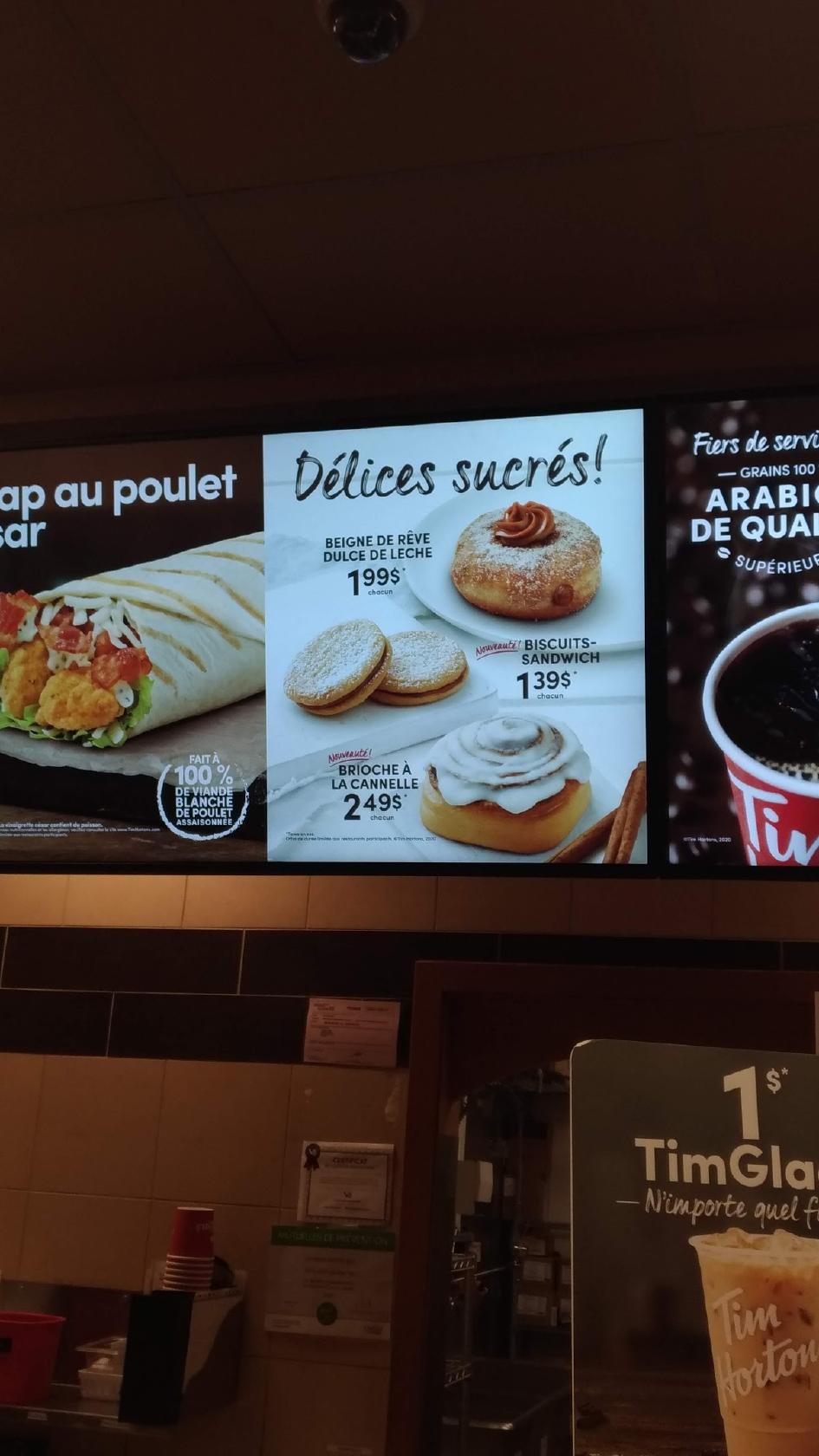 Menu au Tim Hortons restaurant, Repentigny, 85 Boul. Brien