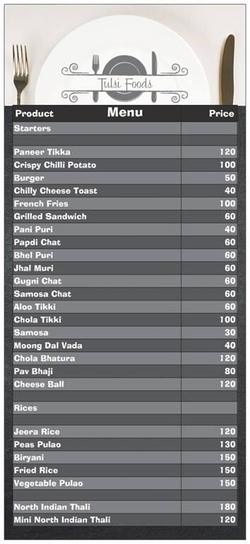 Menu at Tulsi Foods, Chennai, 2
