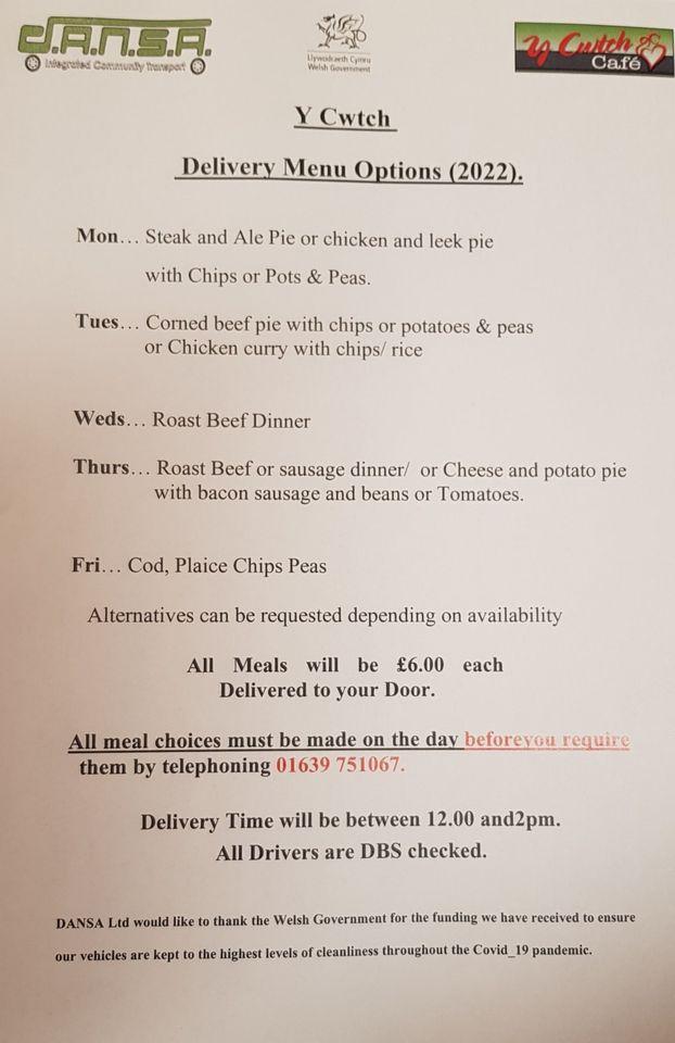 Menu at Y Cwtch cafe, Crynant