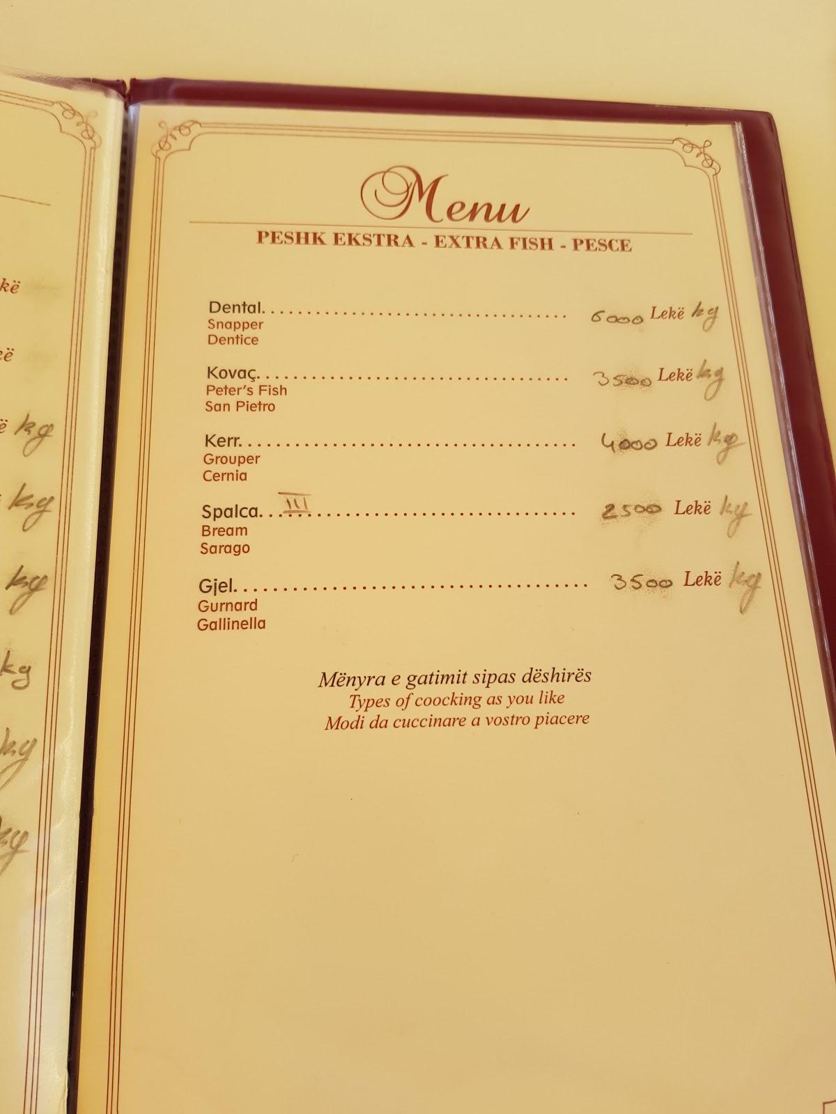 Menu at Bar Restorant Zanzi, Durrës
