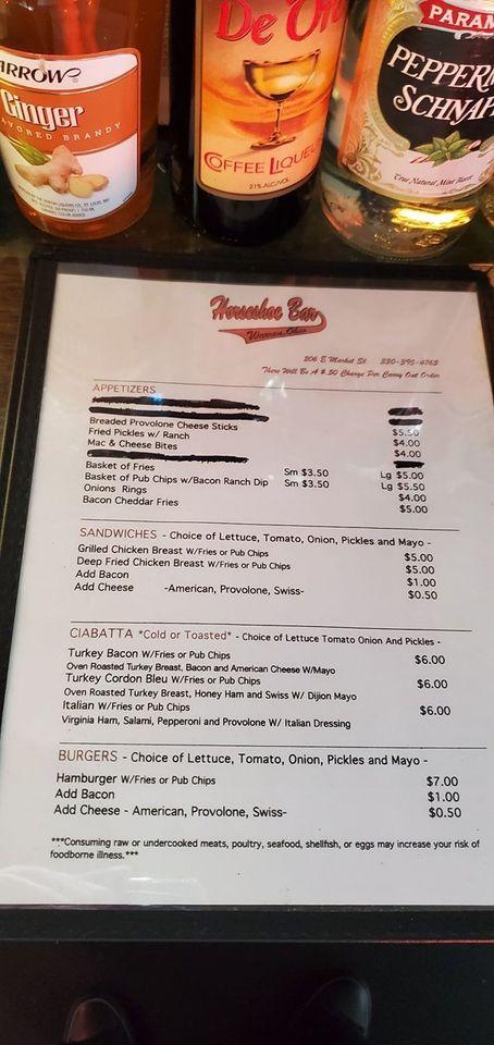 Menu at Horse Shoe Bar, Warren