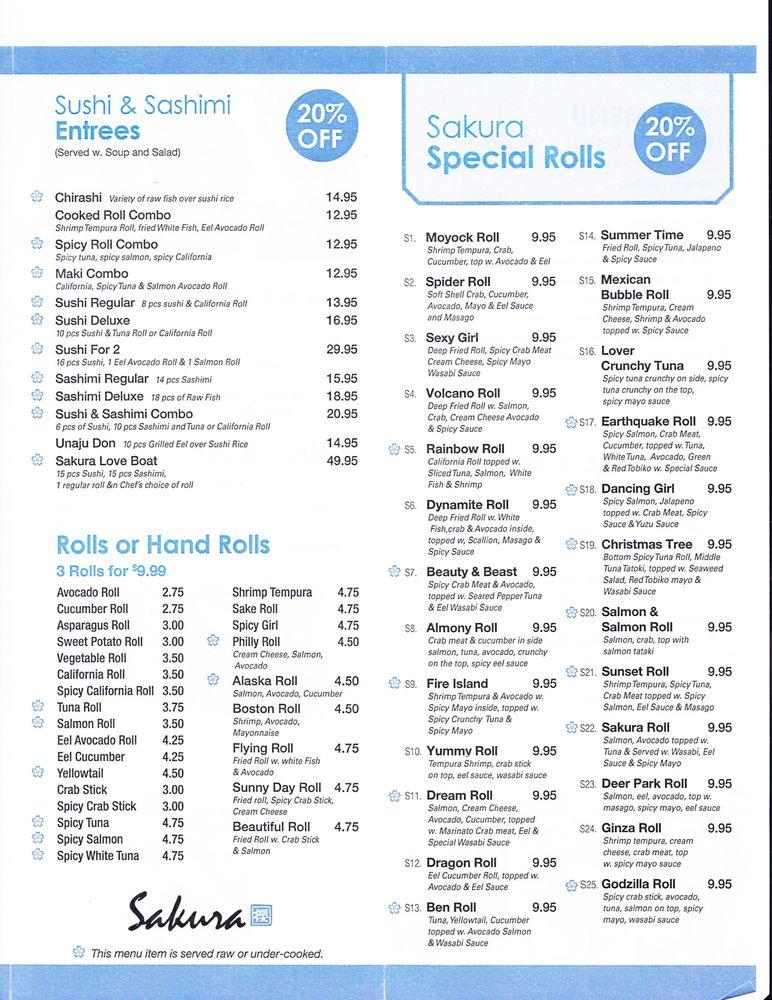 Menu at Sakura restaurant, Moyock