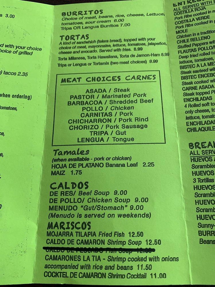 Menu at Tacos La Tia restaurant, Muskogee, 604 East Side Blvd