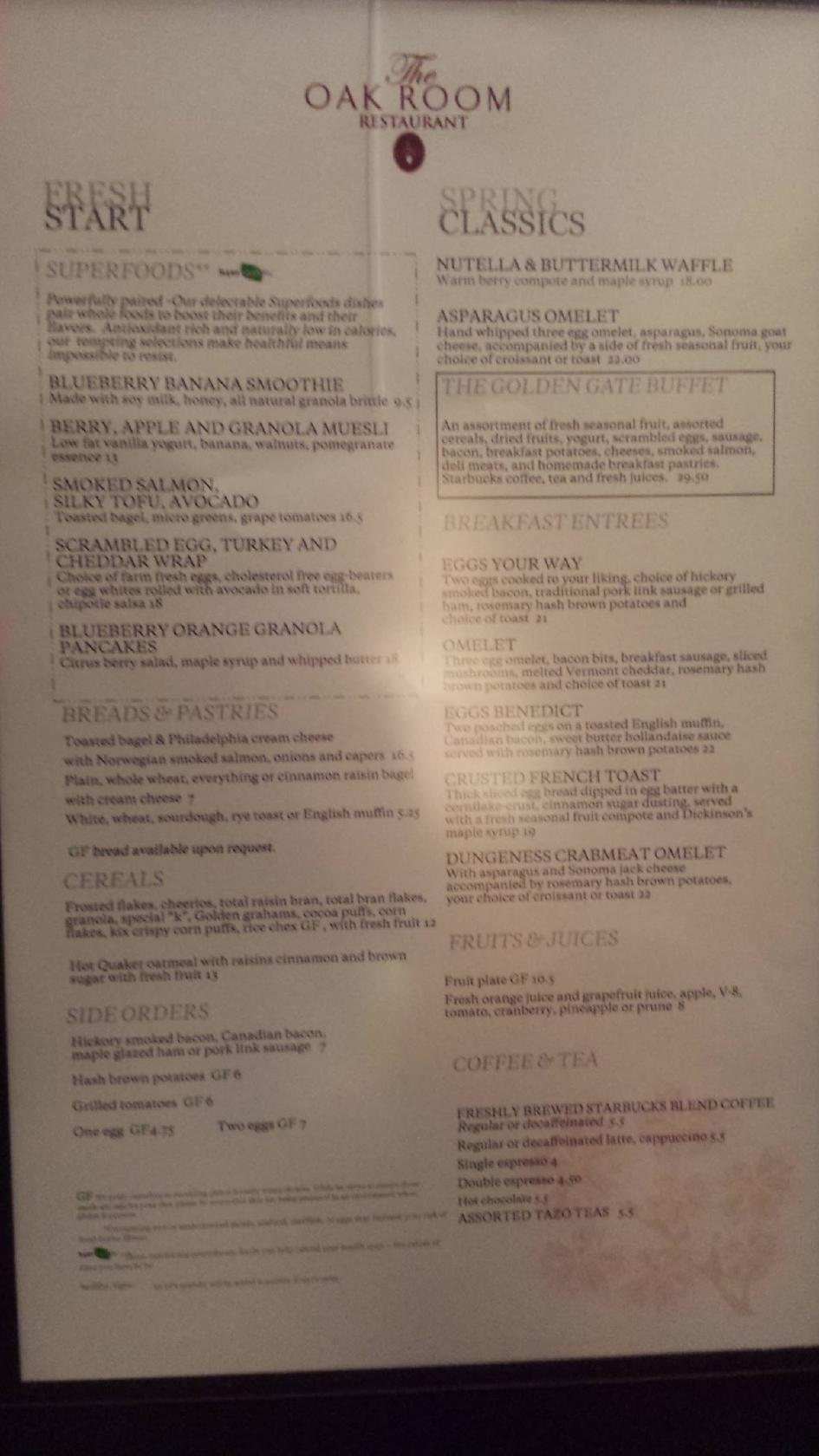 Menu at The Oak Room Restaurant, San Francisco