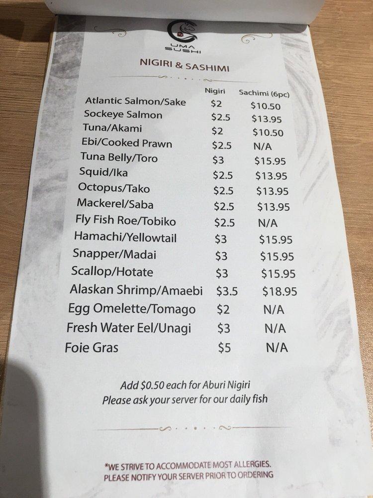 Menu at Uma Sushi restaurant, Vancouver