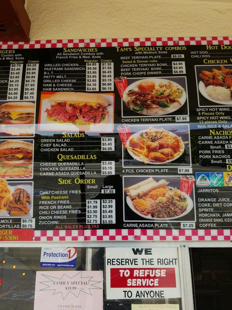 Menu at Tam's Burger restaurant, San Bernardino