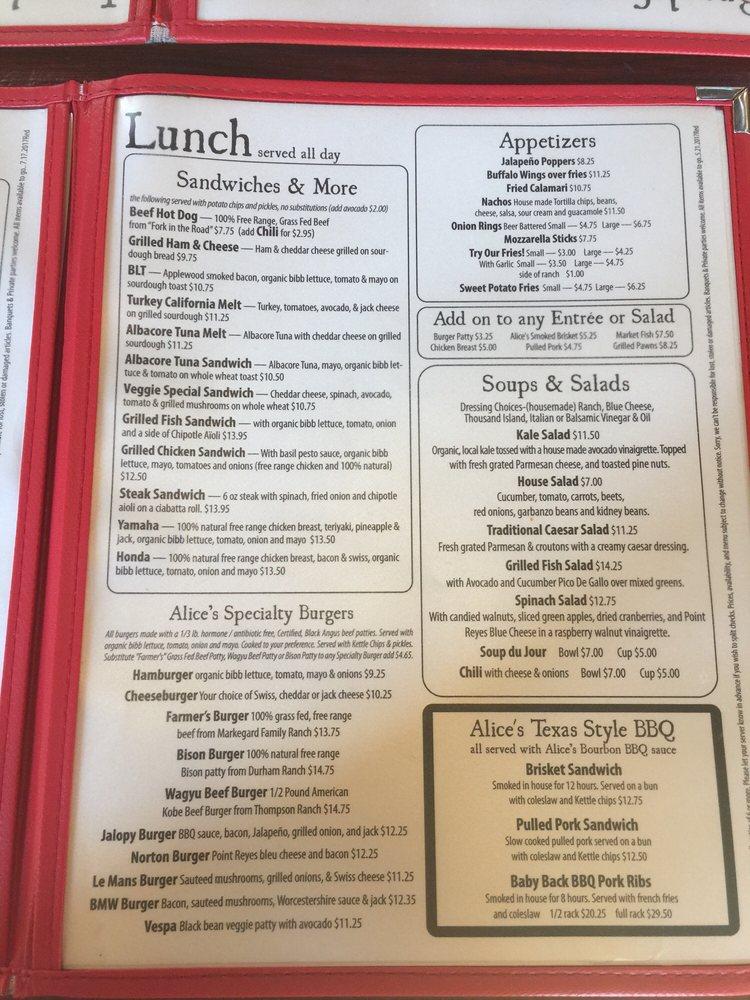Menu at Alice's Restaurant, Woodside, Skyline Blvd