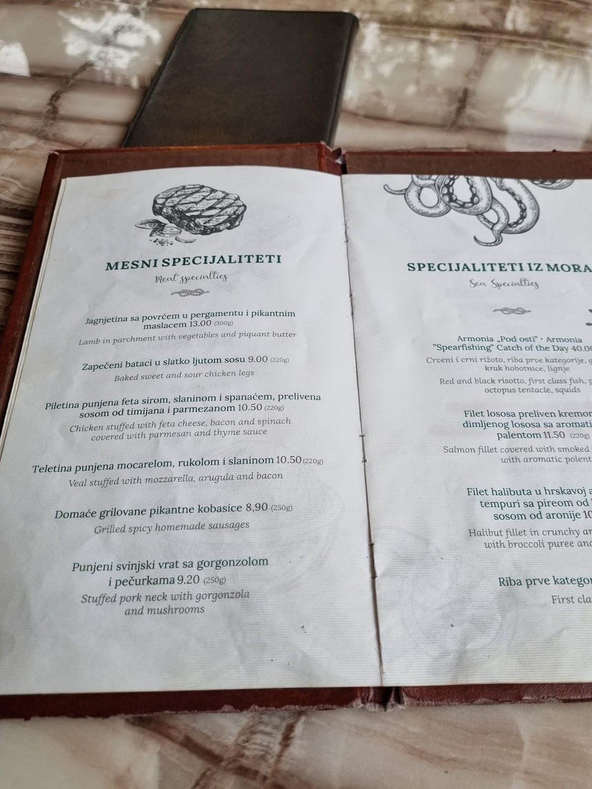 Carta del café Armonia, Perast