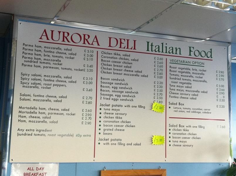Menu at Aurora Deli, Newcastle upon Tyne