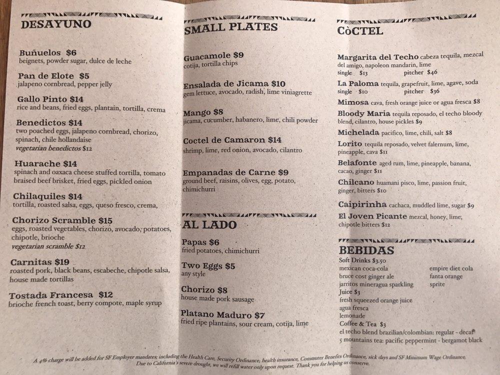 Menu at El Techo pub & bar, San Francisco