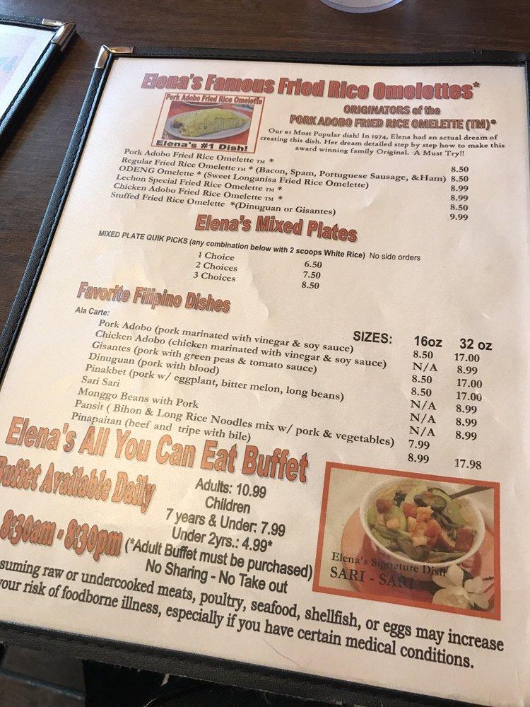 Menu at Elena's Restaurant, Waipahu, Tropicana Square Shopping Center