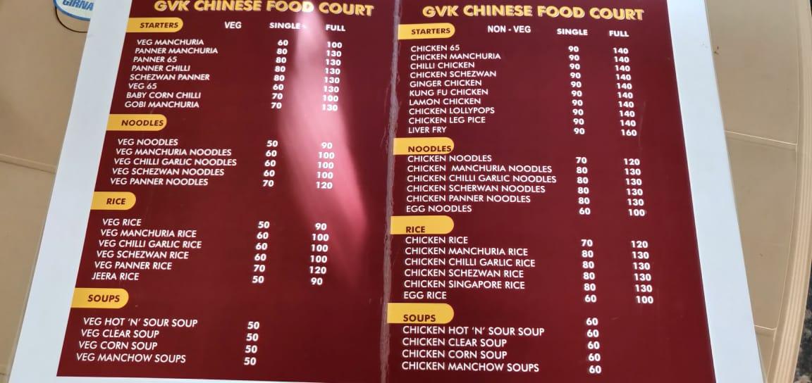 Menu at GVK chinese Food Court, Secunderabad