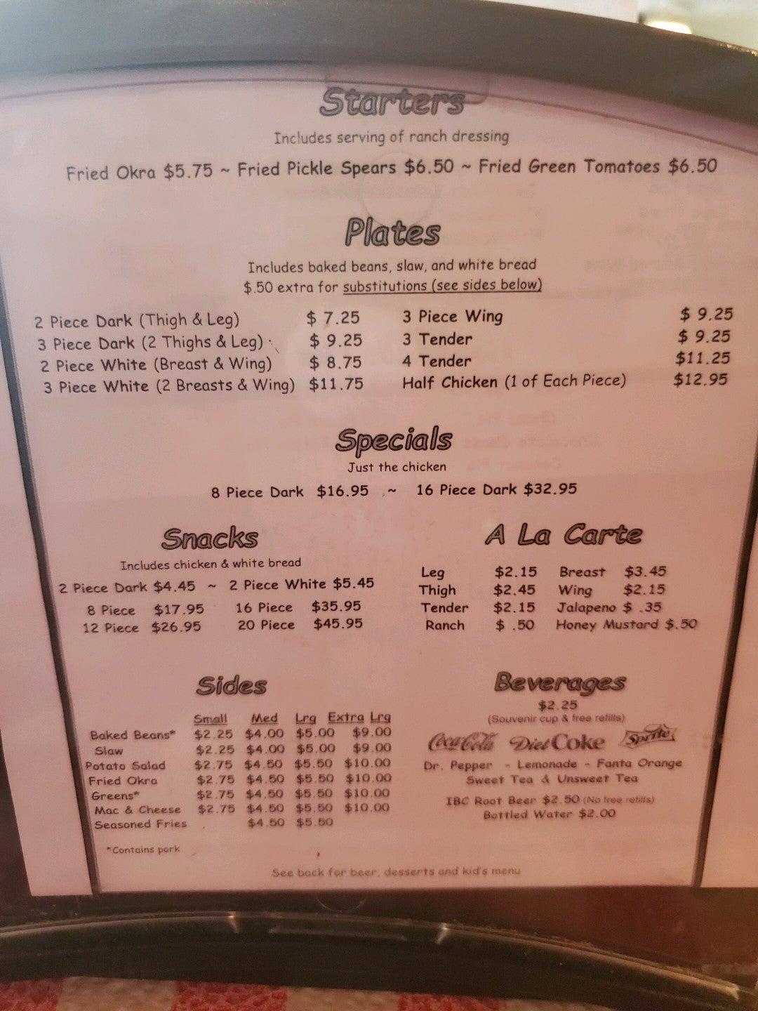Menu at Gus’s World Famous Fried Chicken restaurant, Fort Worth