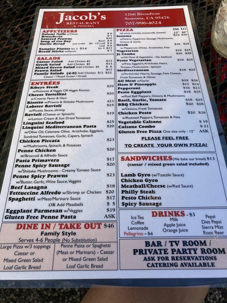 Menu at Jacob’s Restaurant, Sonoma