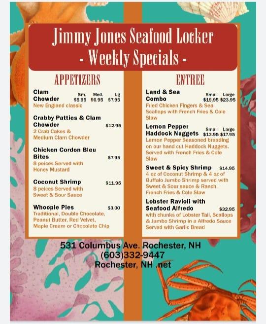 Menu at Jimmy Jones Seafood Locker restaurant, Rochester, 7 Farmington Rd