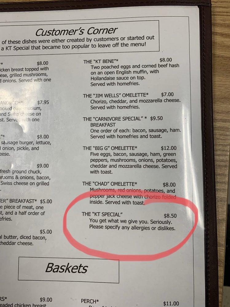 Menu at KT's Diner restaurant, Toledo