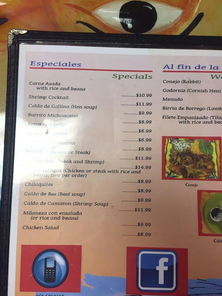 Menu at Lindo Michoacan restaurant, Anderson