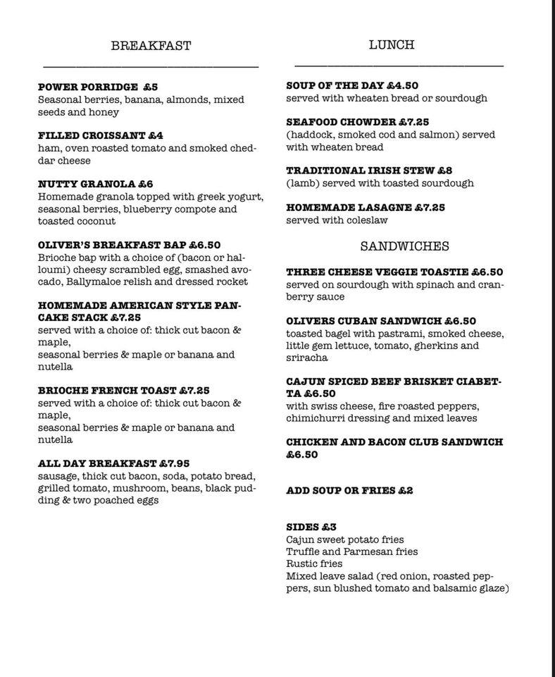 Menu at Oliver's Belmont Road cafe, Belfast, 59 Belmont Rd