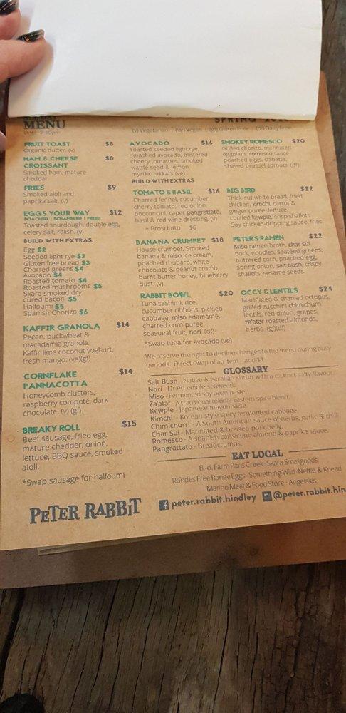 Menu at Peter Rabbit pub & bar, Adelaide