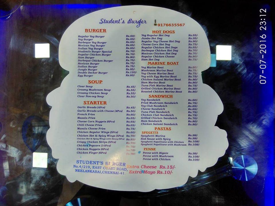 Menu at Student's Burger, Chennai, Neelankarai