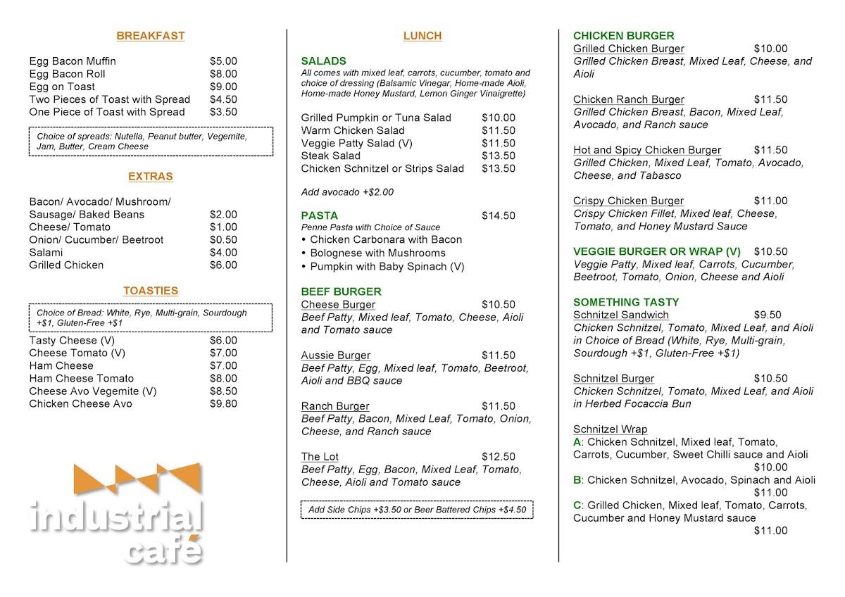 Menu at The Industrial Cafe, Cremorne