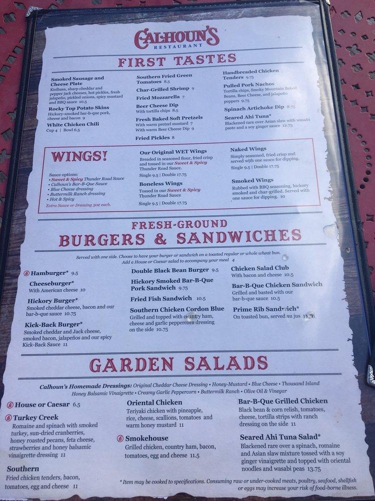 Menu at Calhoun's On The River pub & bar, Knoxville, 400 Neyland Dr
