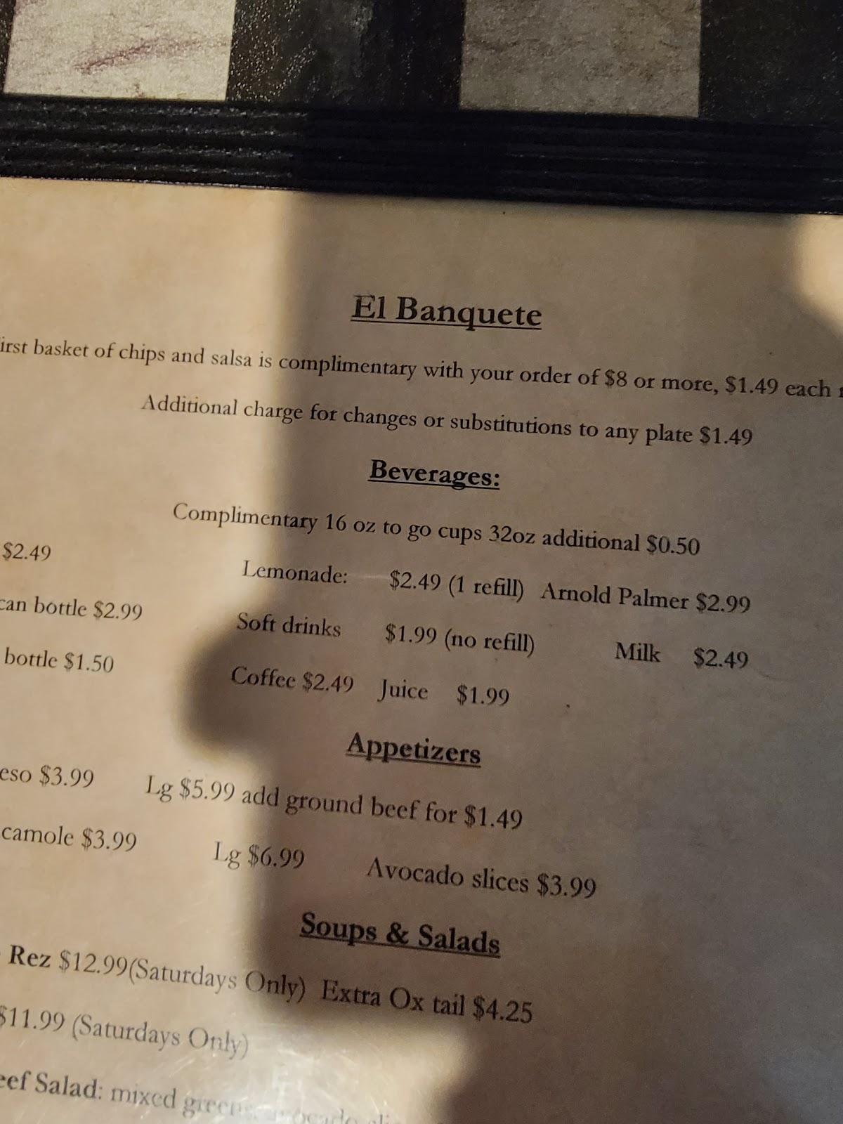 Carta del restaurante El Banquete, Midland, Rankin Hwy