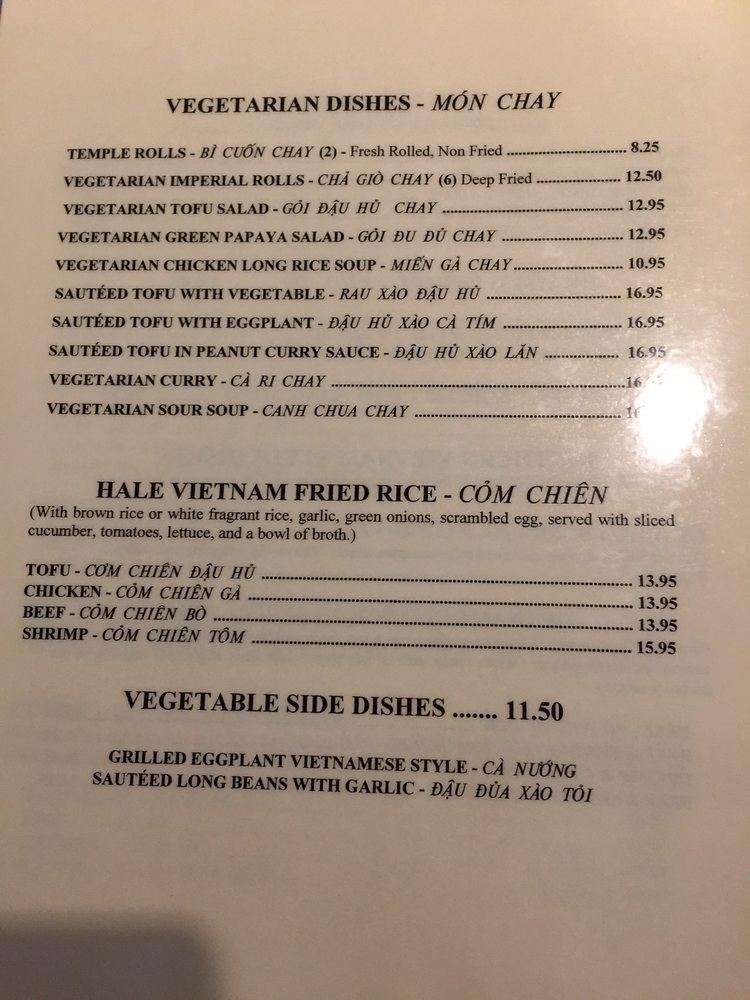 Menu at Hale Vietnam Restaurant, Honolulu