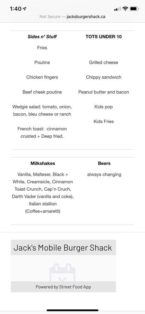 Menu at Jack's Burger Shack restaurant, St. Albert