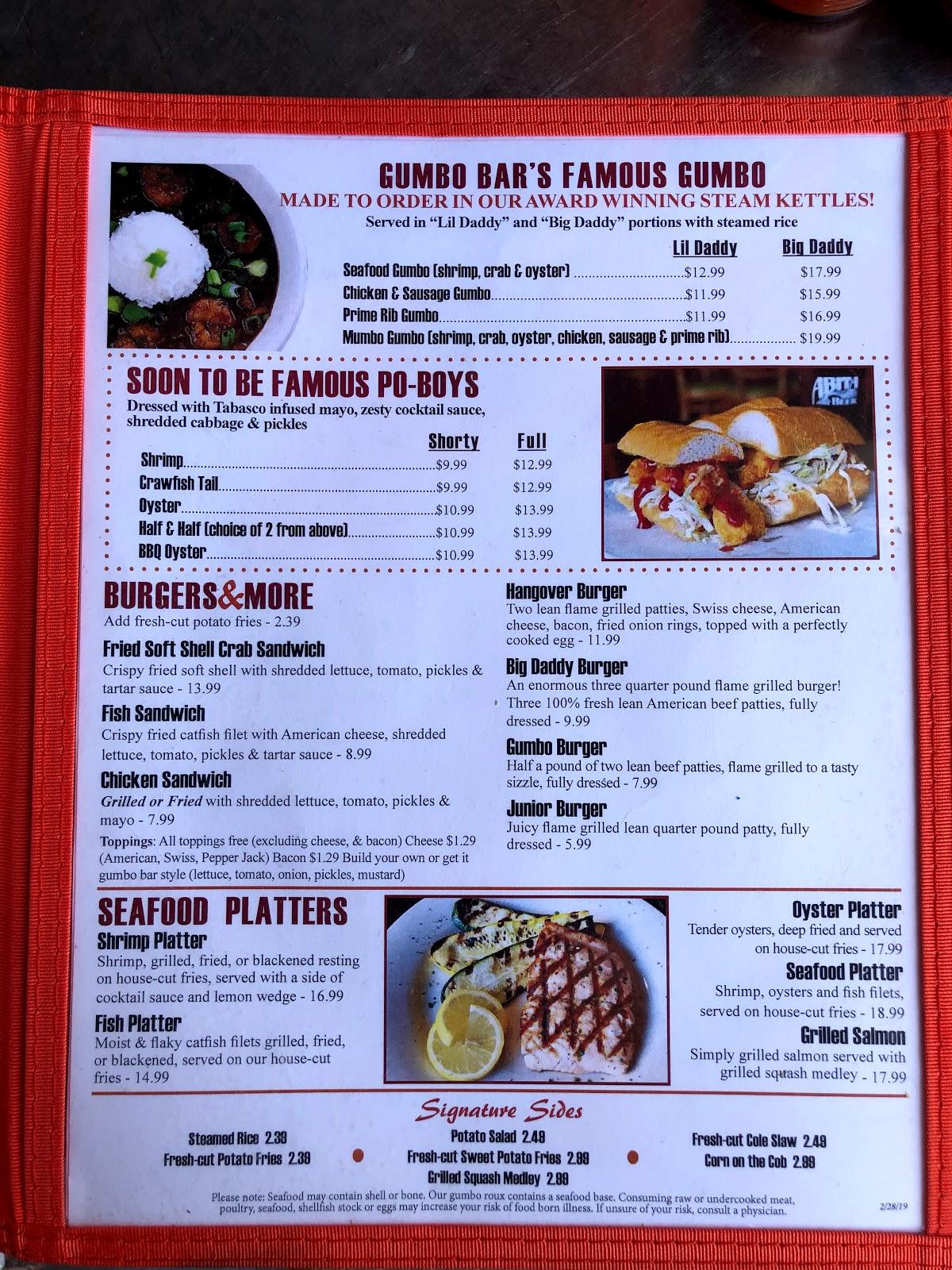 Menu at Little Daddy’s Gumbo Bar, Galveston