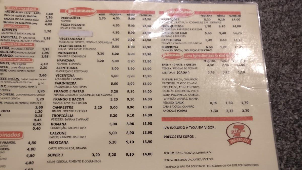 Menu em Pizza7 restaurante, Portalegre