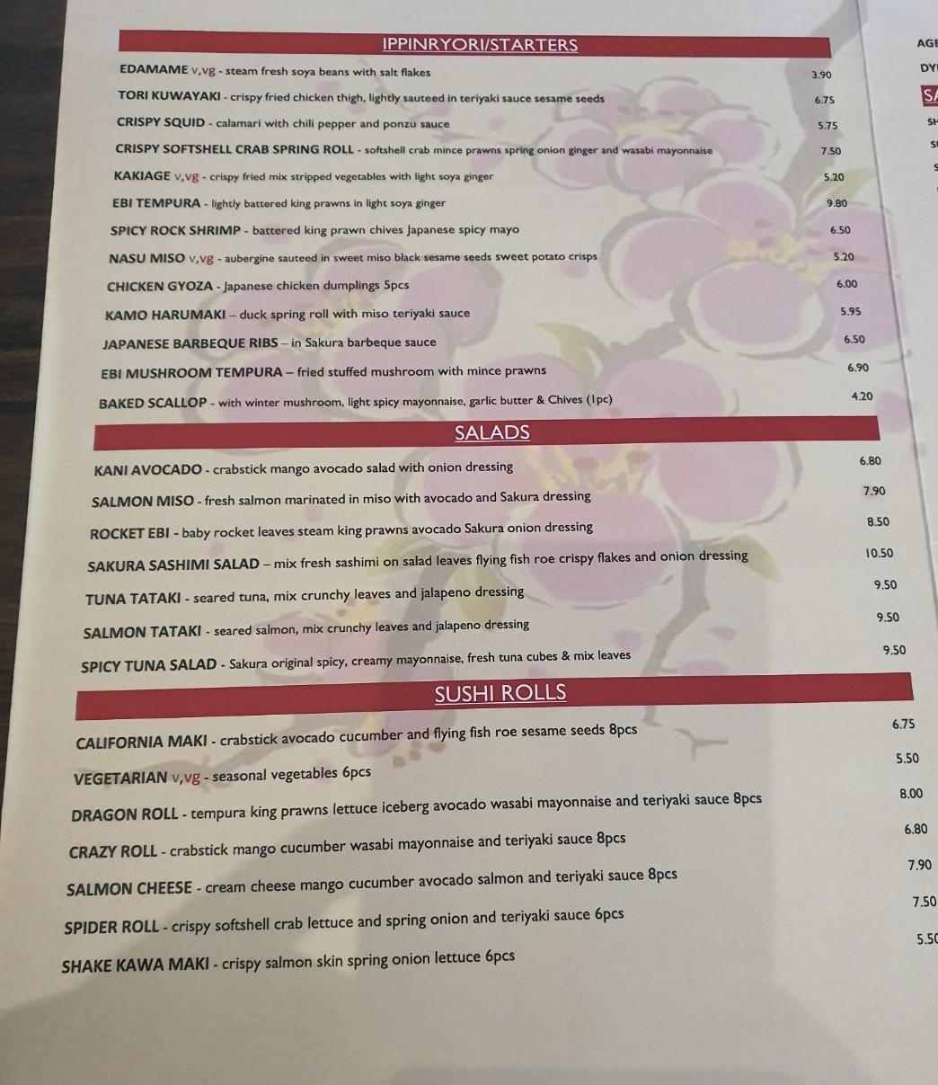 Menu at Sakura Japanese Restaurant, Weston-super-Mare
