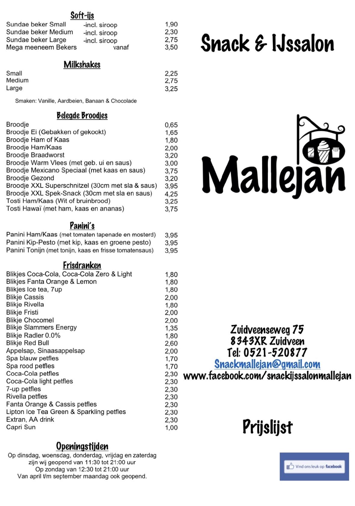 Menu at Snack-IJssalon Mallejan, Zuidveen