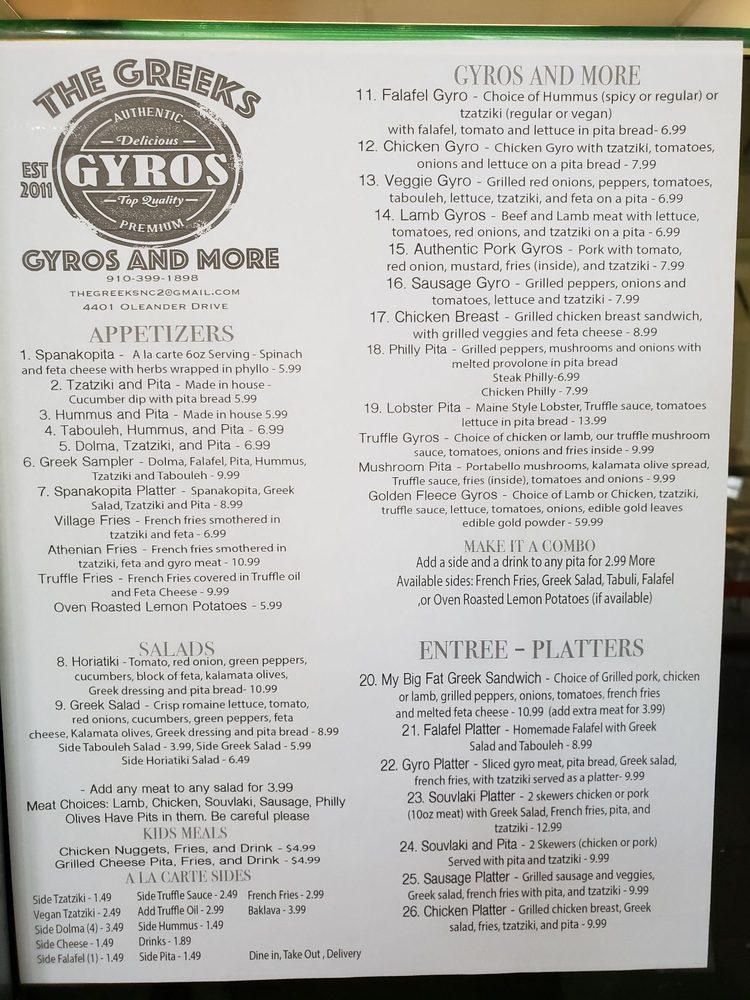 Menu at The Greeks restaurant, Wilmington, Oleander Dr