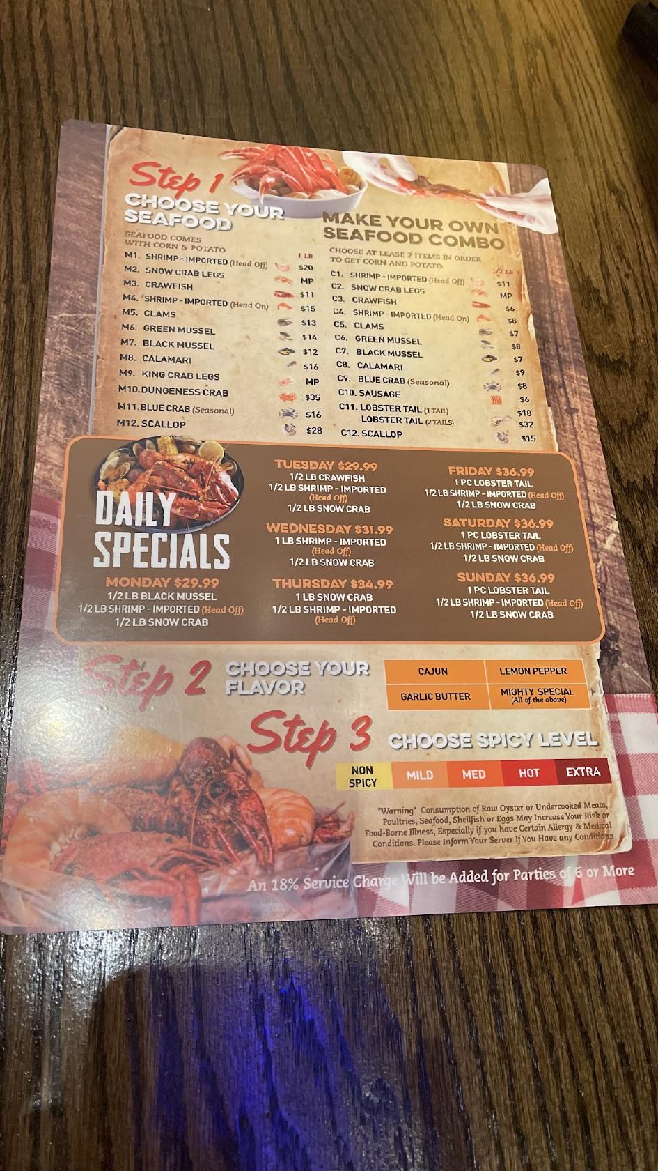 Menu at The Mighty Crab restaurant, Longview