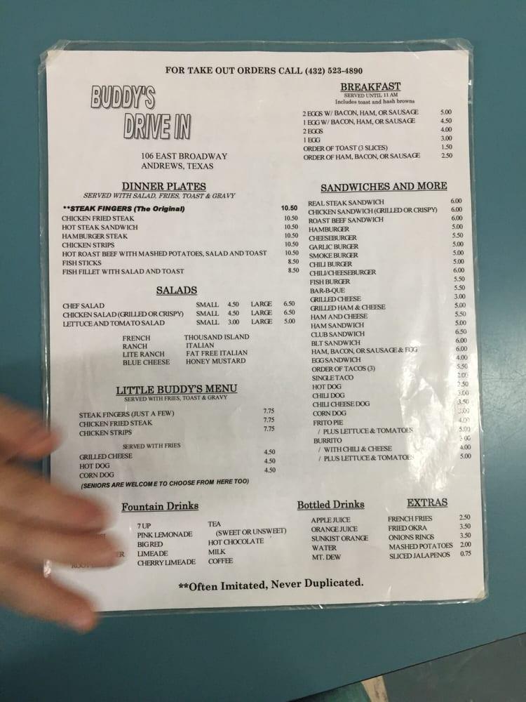 Menu at Buddy's Drive In fast food, Andrews
