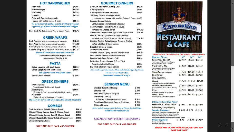 Carta del restaurante Coronation Cafè, Coronation, AB-12