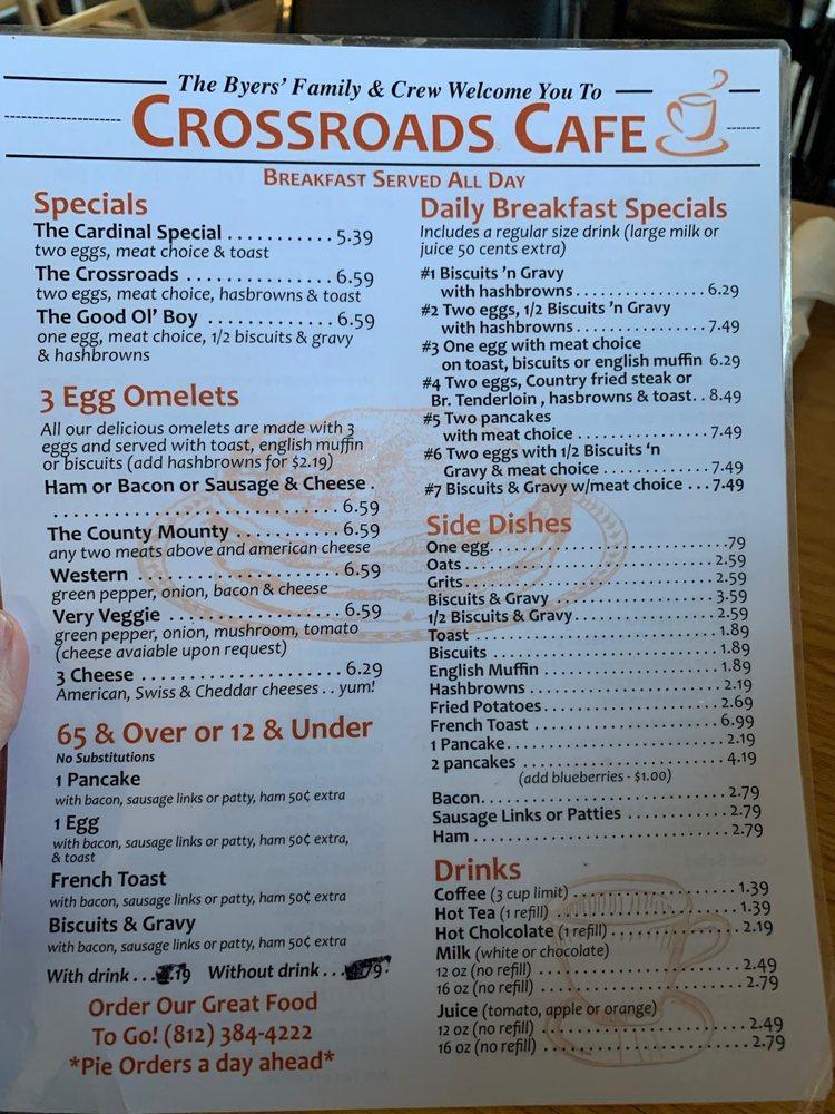 Menu at Cross Roads cafe, Bloomfield