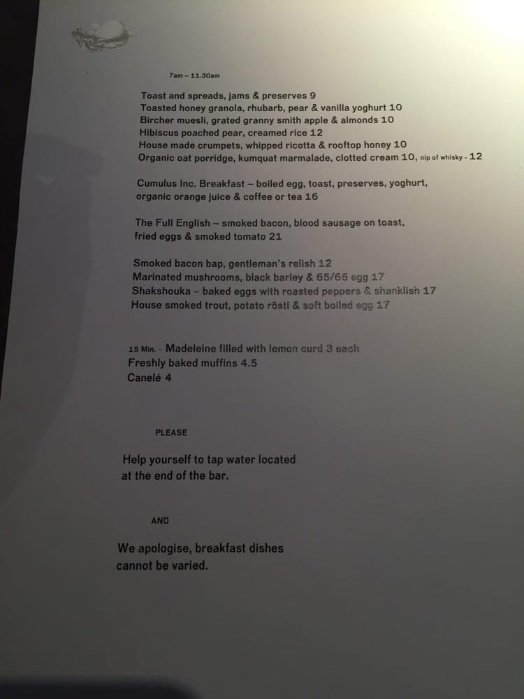Menu at Cumulus Inc. pub & bar, Melbourne