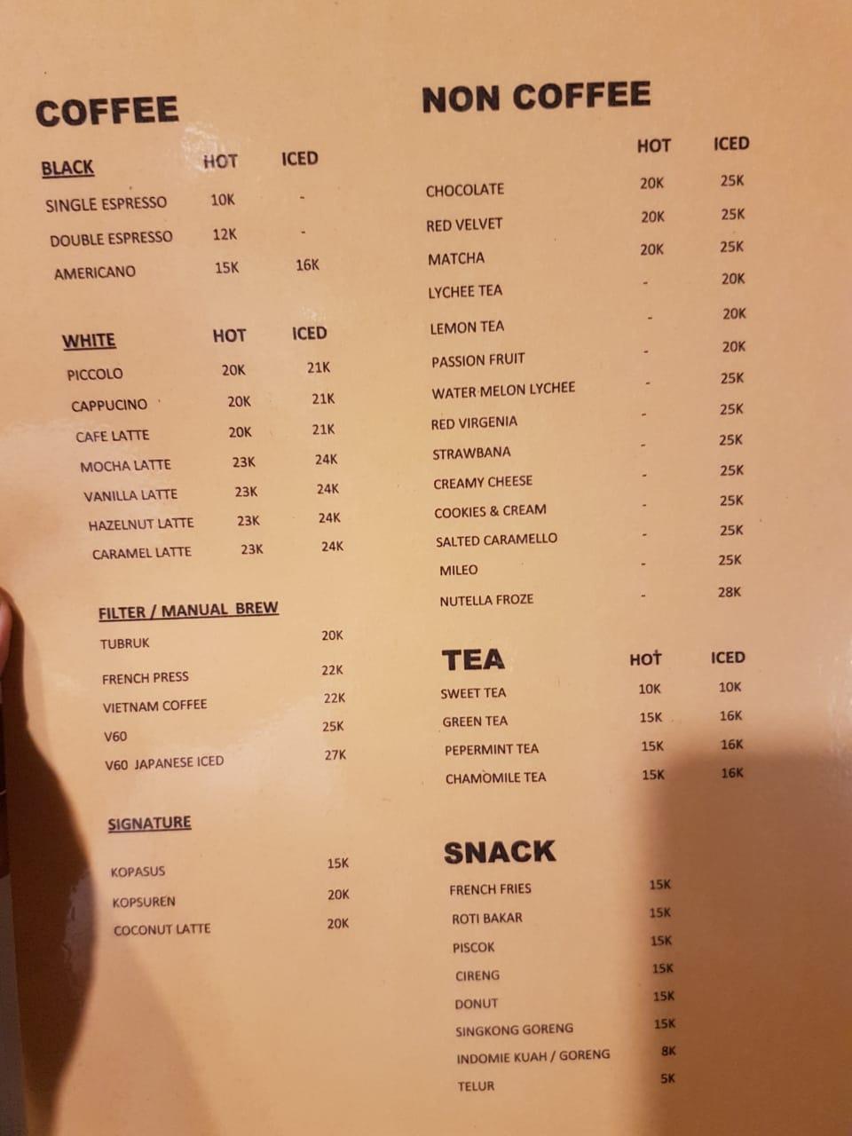 Menu at Kopie Cuy cafe, Tangerang