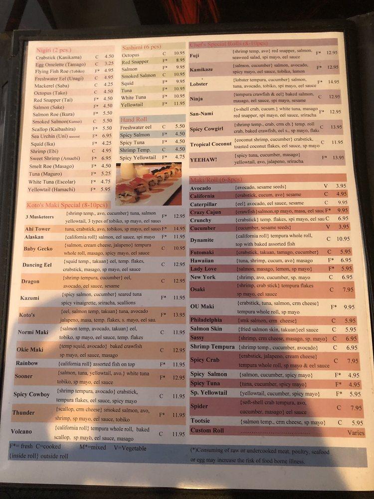 Menu at Koto Japanese Steakhouse & Sushi, Norman