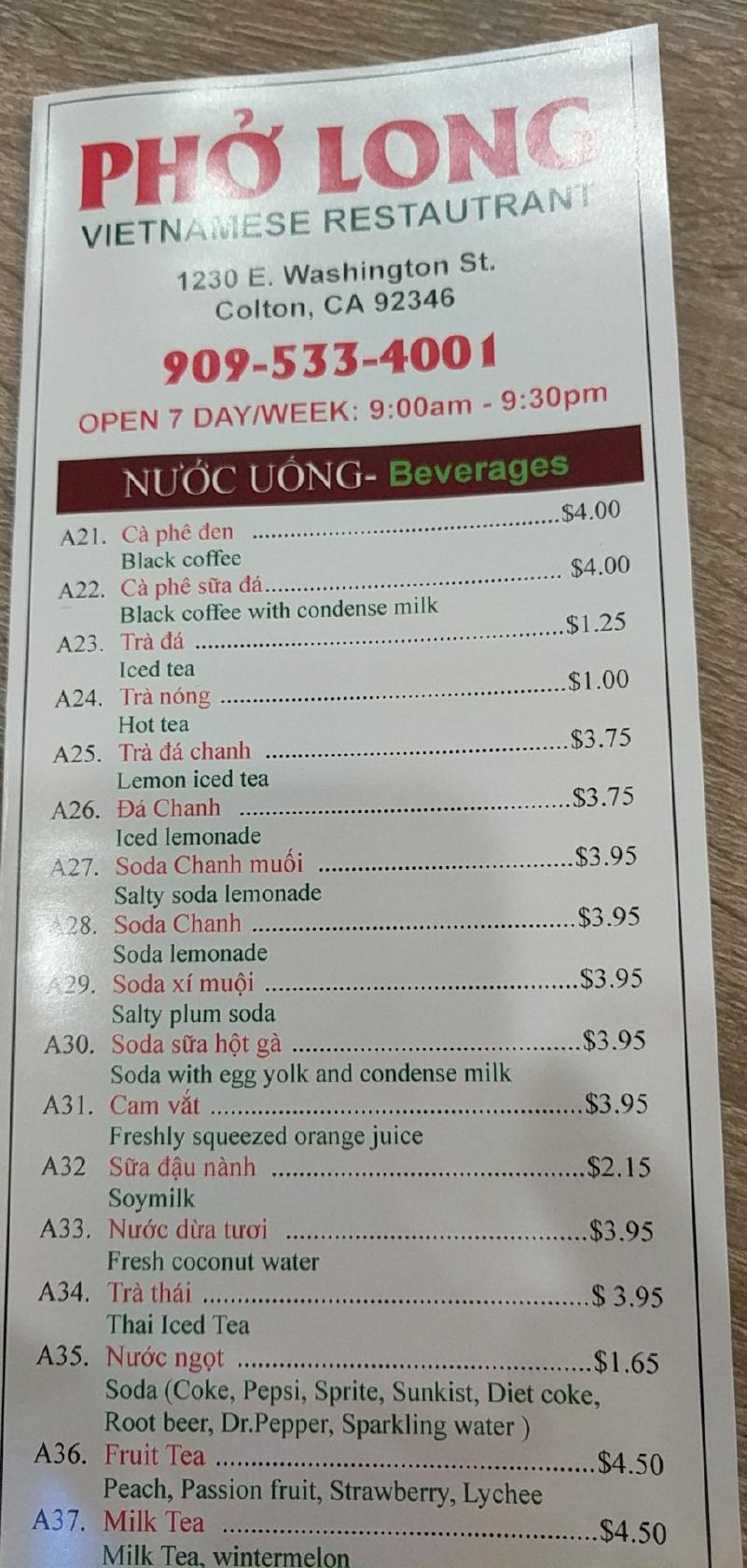 Menu at Pho Long restaurant, Colton